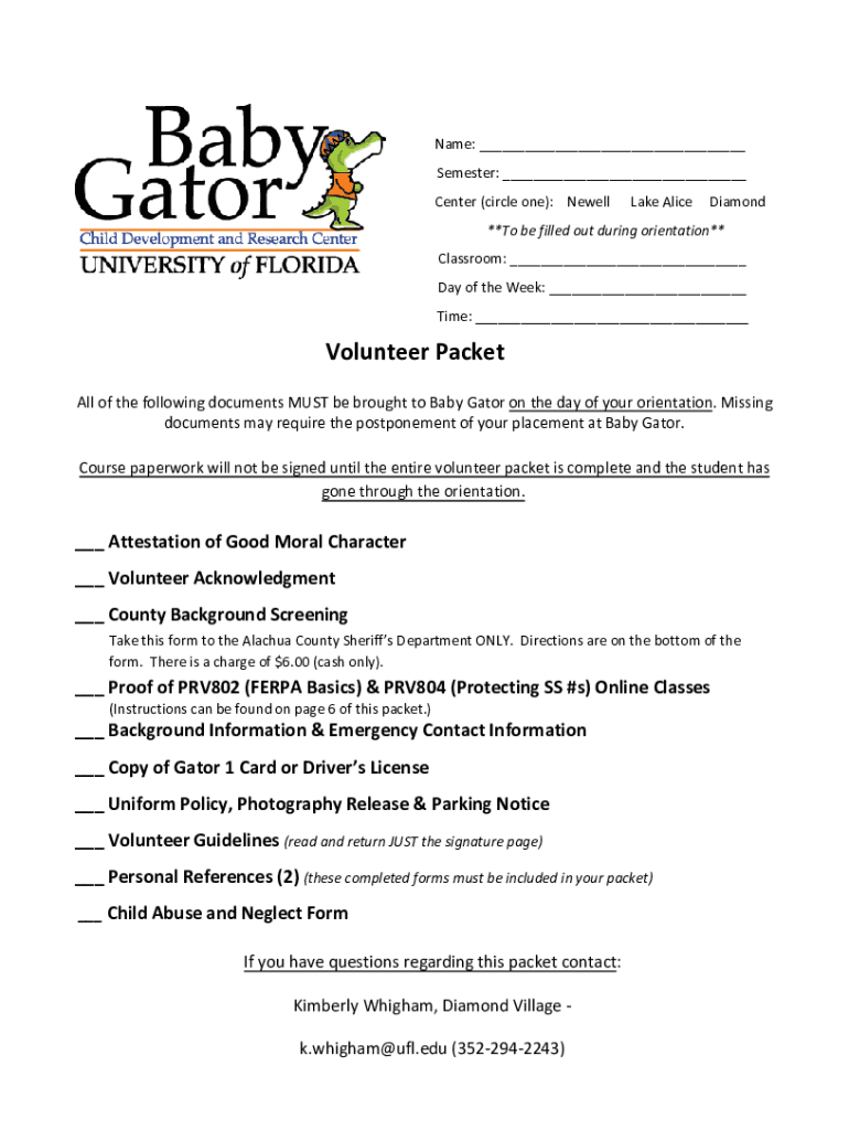 Fillable Online babygator ufl Baby Gator - Volunteer Packet ...