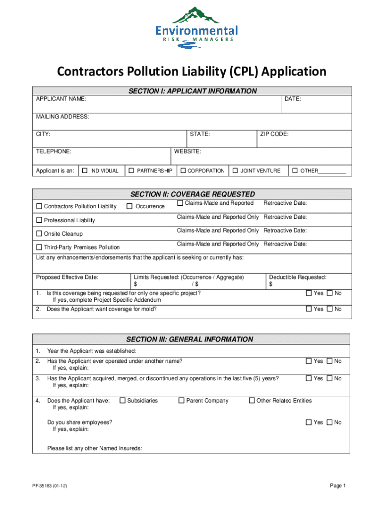 Fillable Online Get the free Contractors Pollution Liability ...