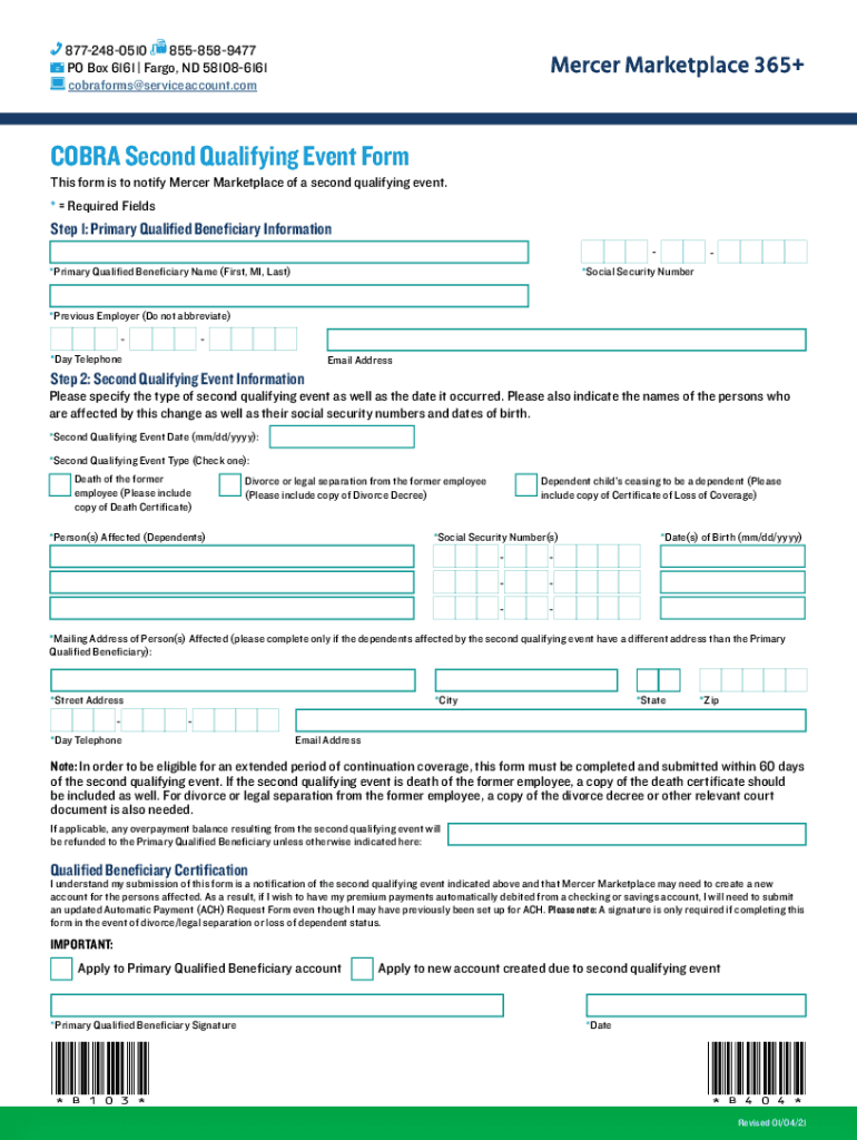Fillable Online COBRA Second Qualifying Event Form Fax Email Print ...