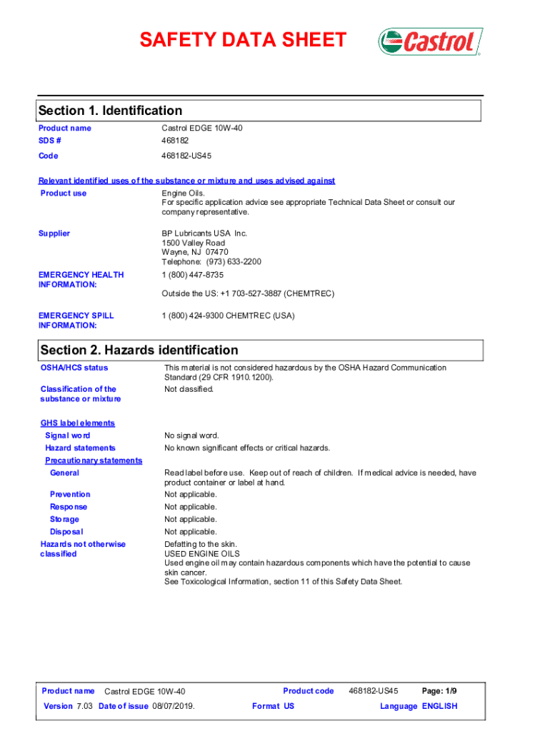 Fillable Online SDS - Castrol Edge 10W-40 Motor Oil - Safety Data Sheet. View the Castrol Edge ...