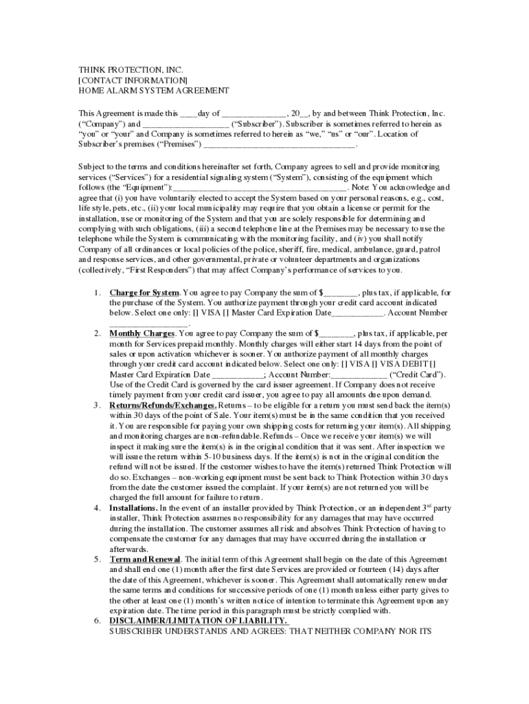 Fillable Online THINK PROTECTION Home Alarm Agreement Fax Email Print ...