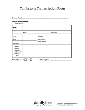 Fillable Online Free Cemetery Transcription Form Download Fax Email ...