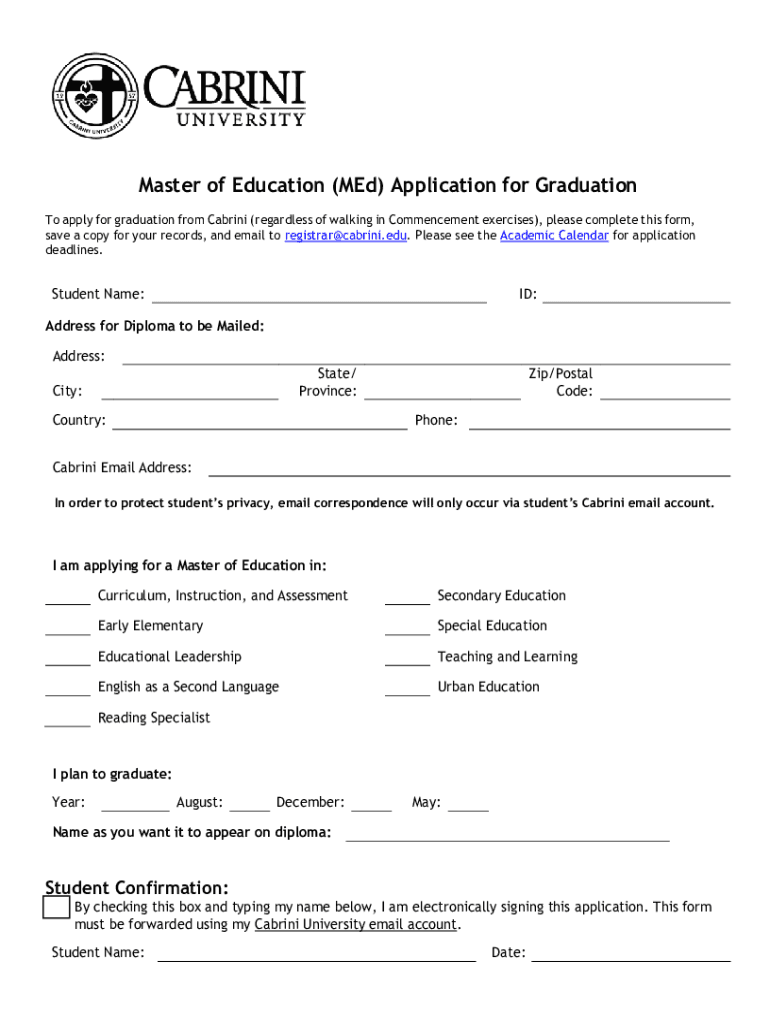 Fillable Online To apply for graduation from Cabrini (regardless of walking in Commencement ...