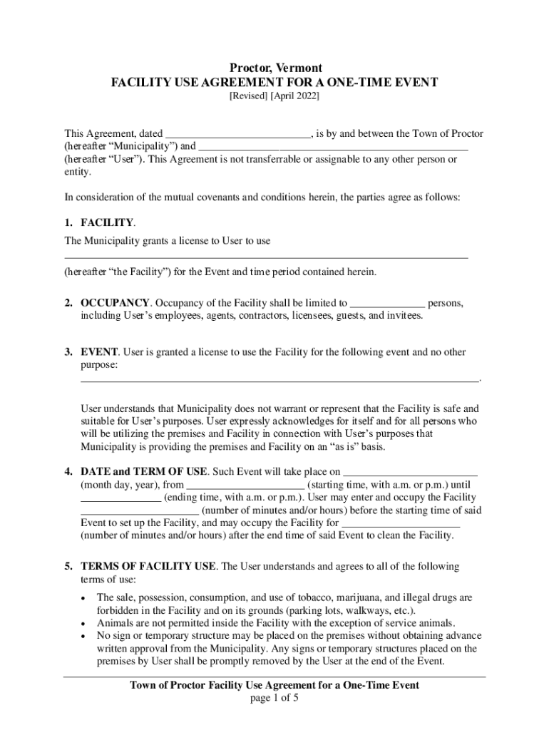 Fillable Online Facility Use Agreement for a One-Time Event Fax Email ...