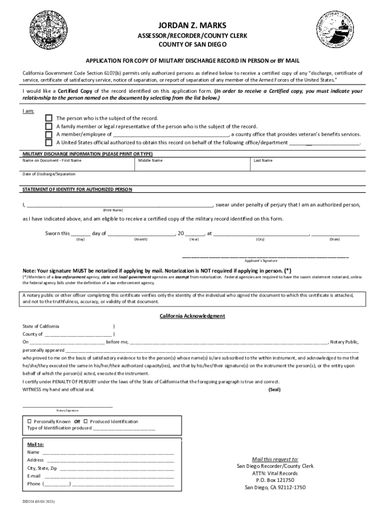 Fillable Online Application for Military Discharge Record (DD214 ...