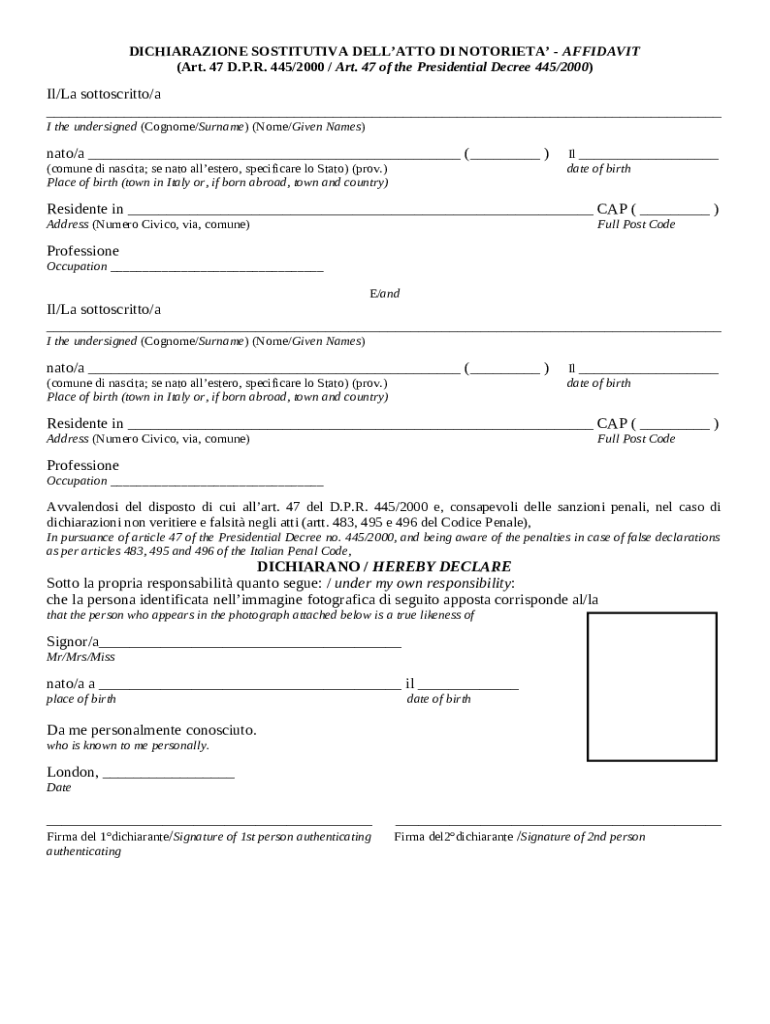 Self-declaration affidavit (Dichiarazione sostitutiva dell'atto ...