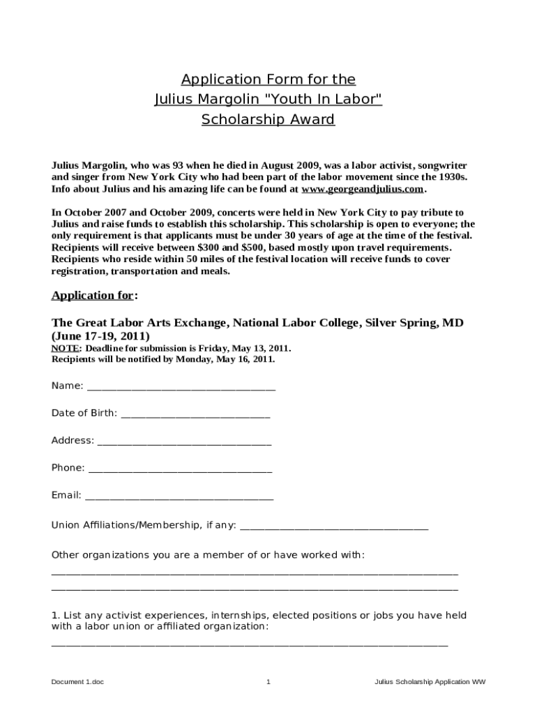 Application for the Julius Margolin "Youth In ... Doc Template | pdfFiller