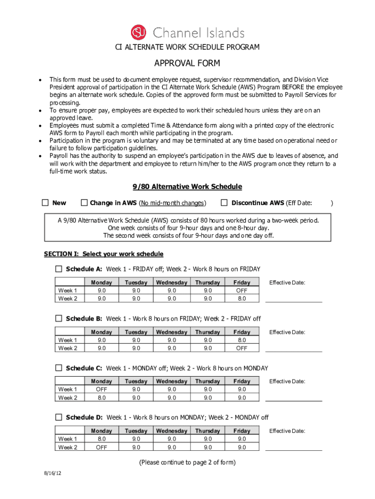 Fillable Online Fillable Online csuci Alternative Work Schedule - Approval Form Fax Email Print ...