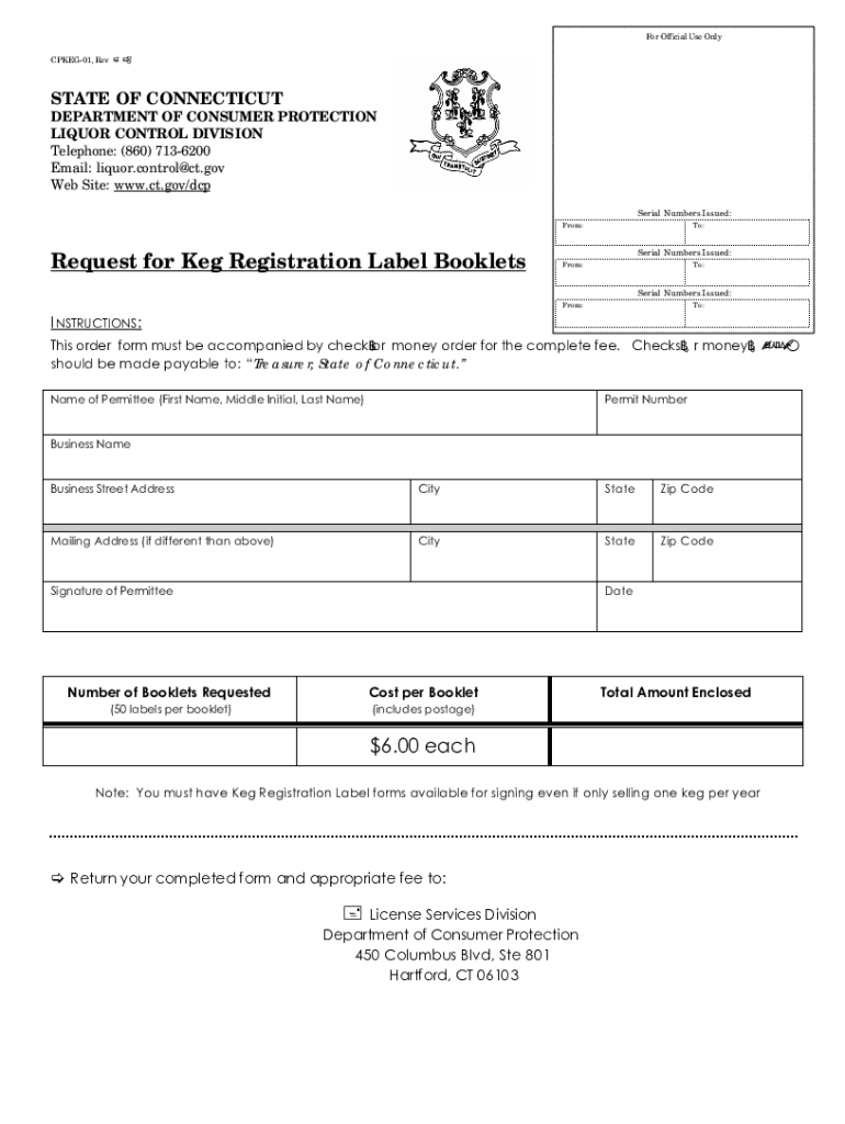 Fillable Online Request for Keg Registration Label Booklets Fax Email ...