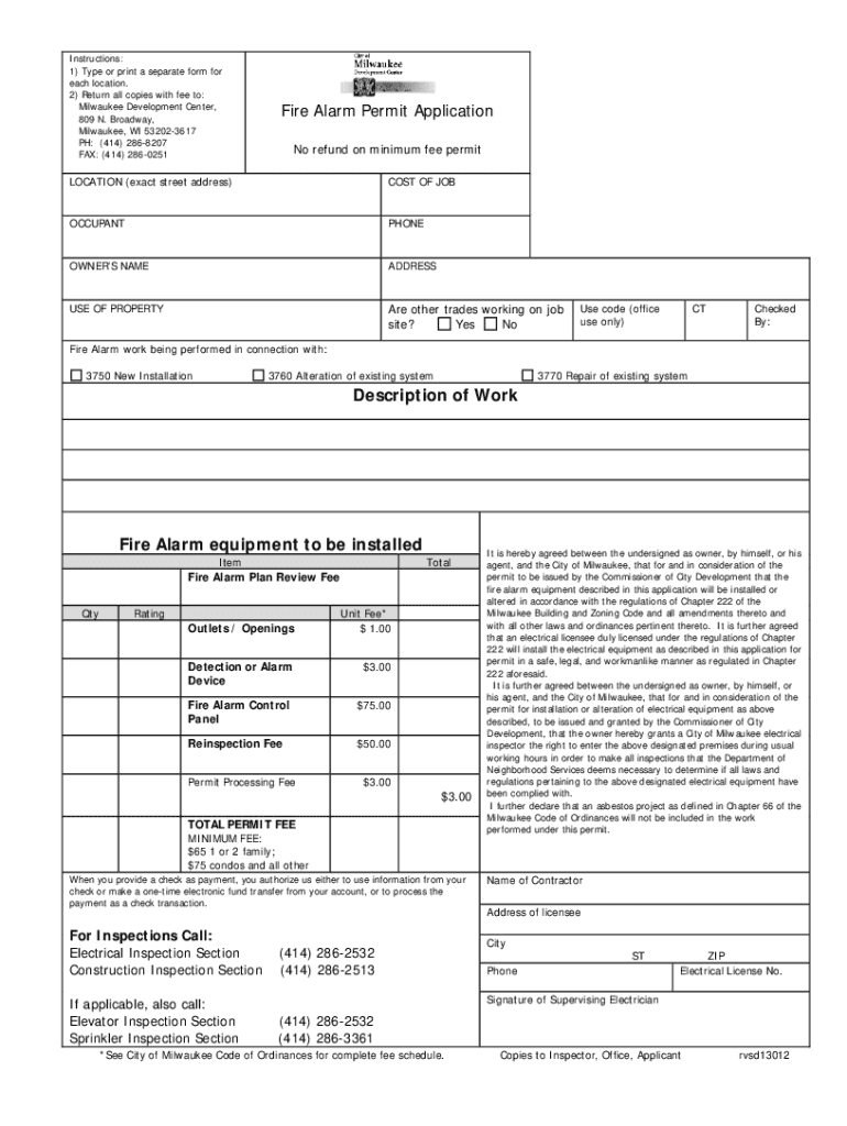 Fillable Online city milwaukee Fire Alarm Permit Application Description Of ... - City Of ...