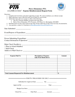 Fillable Online Pierce Elementary PTA Expense Reimbursement Request ...