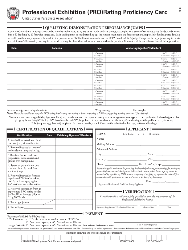 Fillable Online Professional Exhibition (PRO)Rating Proficiency Card ...