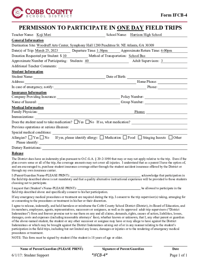 Fillable Online Permission to Participate in One Day Field Trips Fax ...