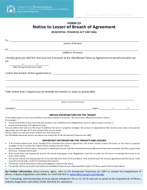 Fillable Online Form 23 Notice to lessor of breach of agreement ...
