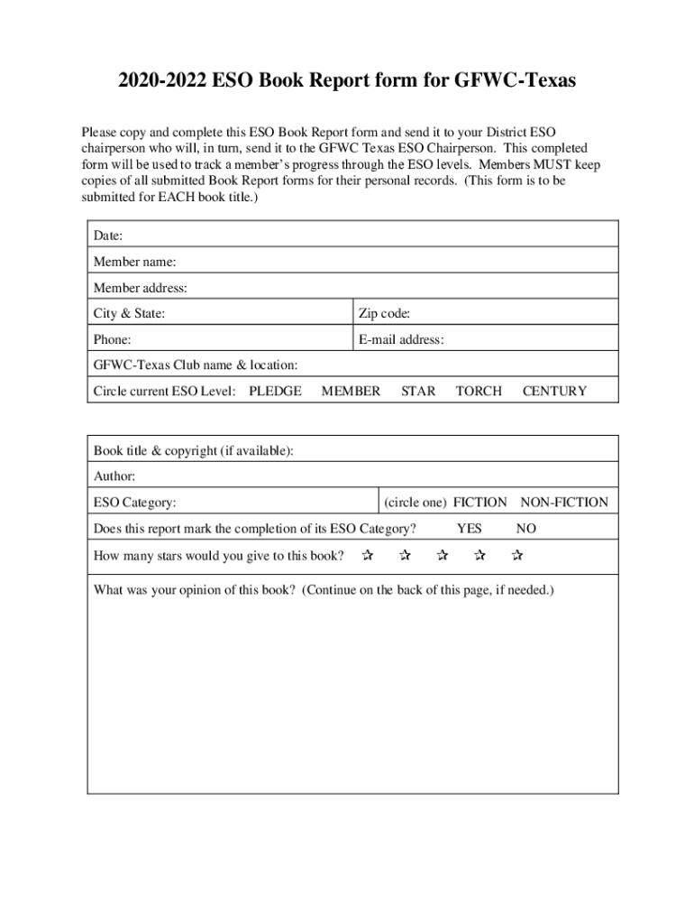 Fillable Online 2020-2022 ESO Book Report form for GFWC-Texas Fax Email ...