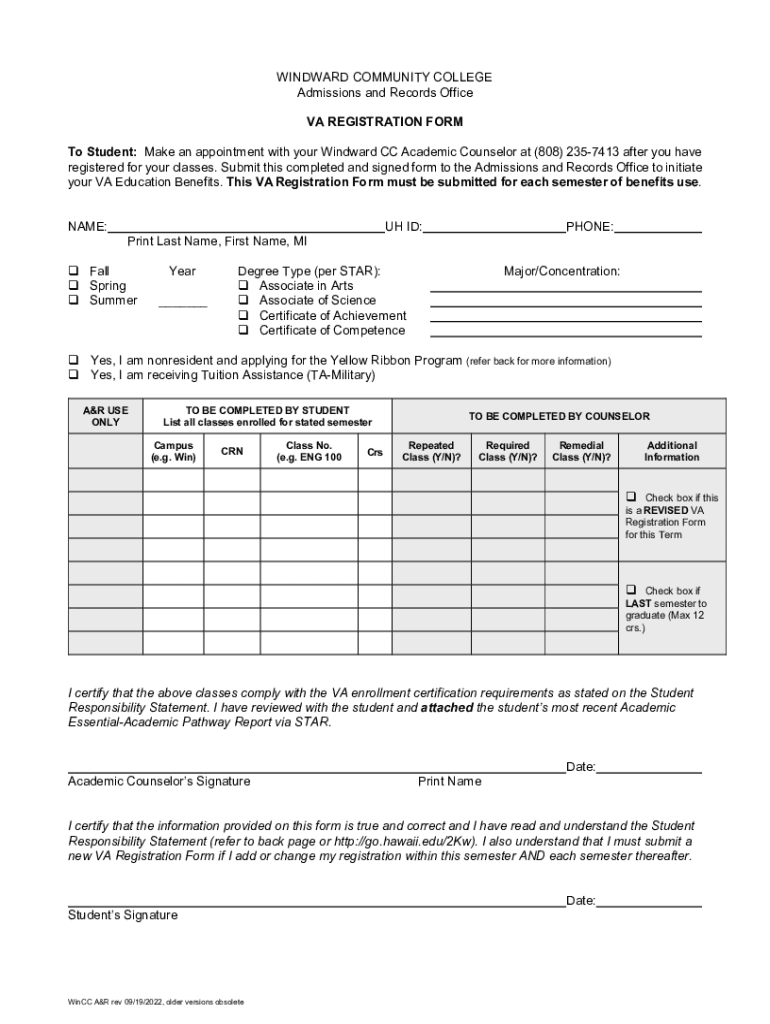 Fillable Online Windward Community College Admission & Records VA Registration Form Fax Email ...