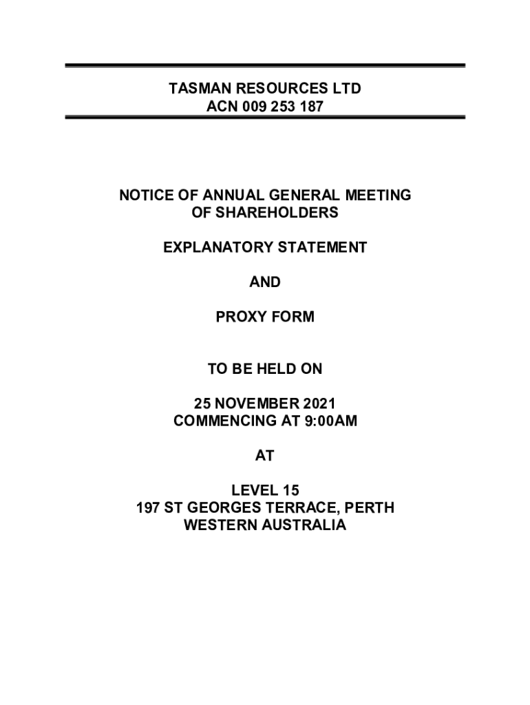 Fillable Online 2021 TASMAN Notice of AGM and Explanatory Statement ...