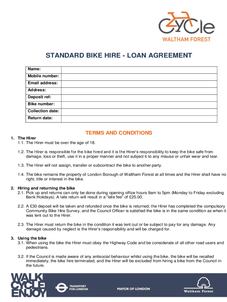 Fillable Online STANDARD BIKE HIRE - LOAN AGREEMENT Fax Email Print ...