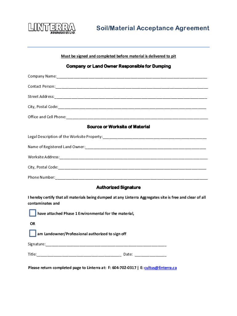Fillable Online Soil/Material Acceptance Agreement Fax Email Print ...