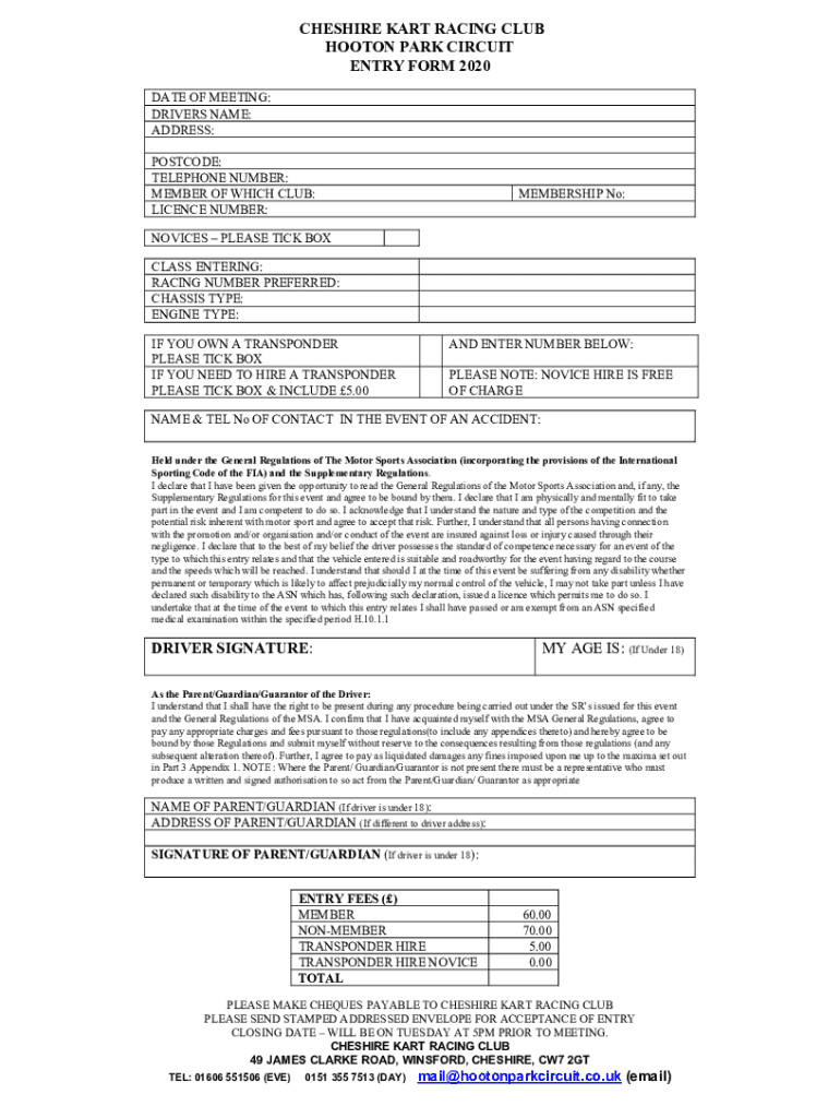 Fillable Online Get the free cheshire kart racing club form Fax Email Print - pdfFiller