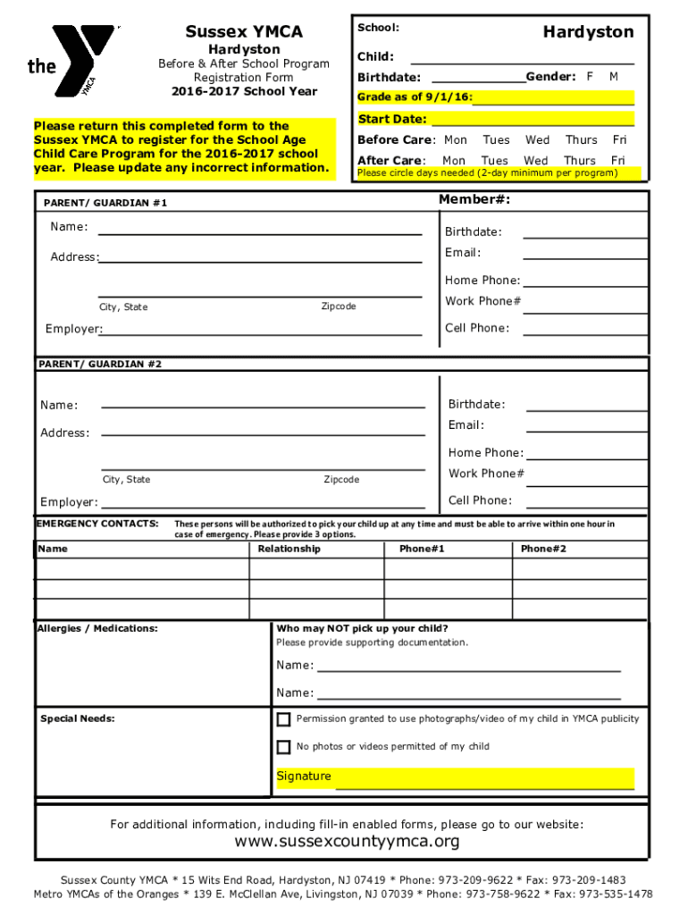Fillable Online Sussex County YMCA to Provide Before and After School ...