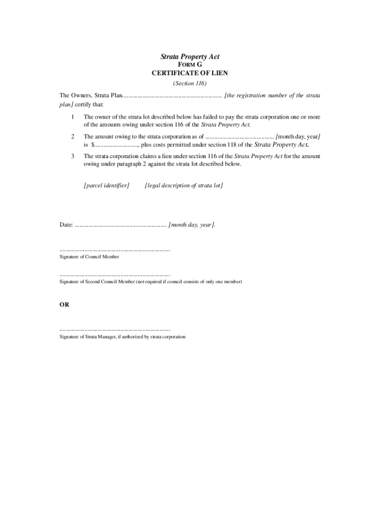 Fillable Online Form G Certificate Of Lien - Fill Online, Printable ...