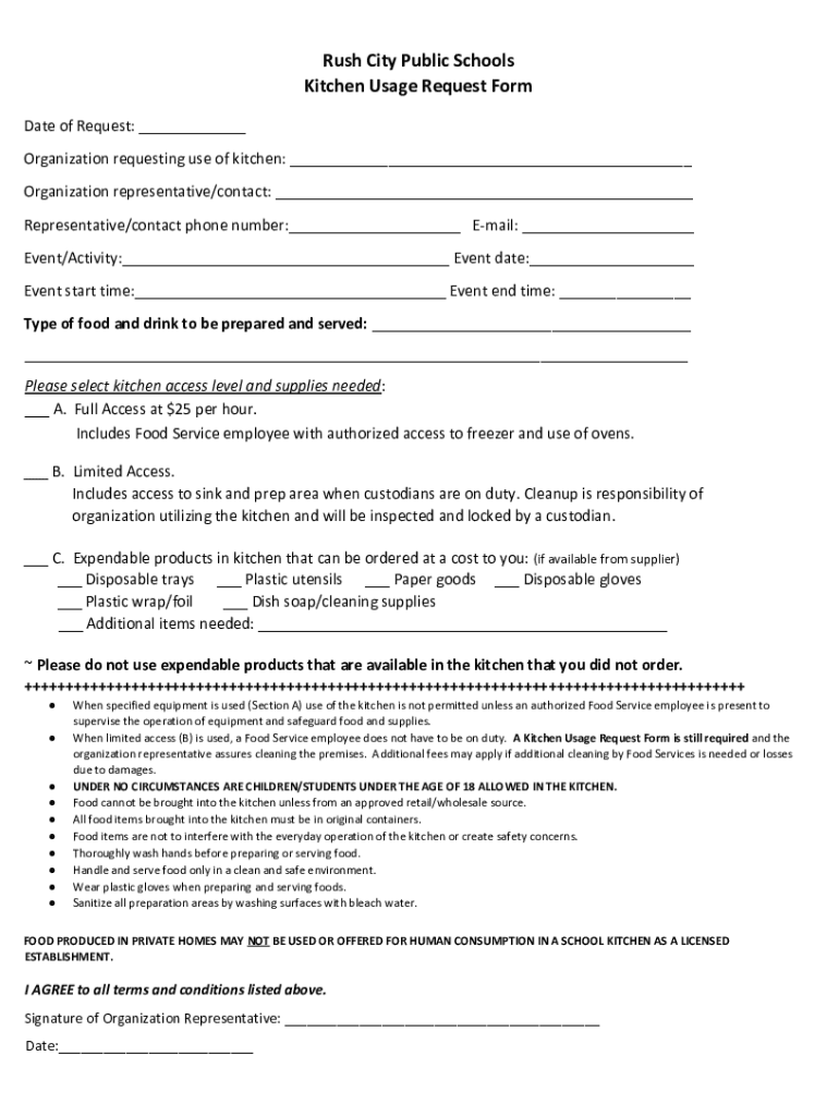 Fillable Online Rush City Public Schools Kitchen Usage Request Form Fax ...