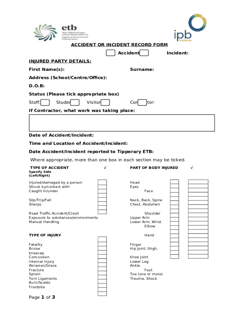 ACCIDENT OR INCIDENT RECORD Doc Template | pdfFiller