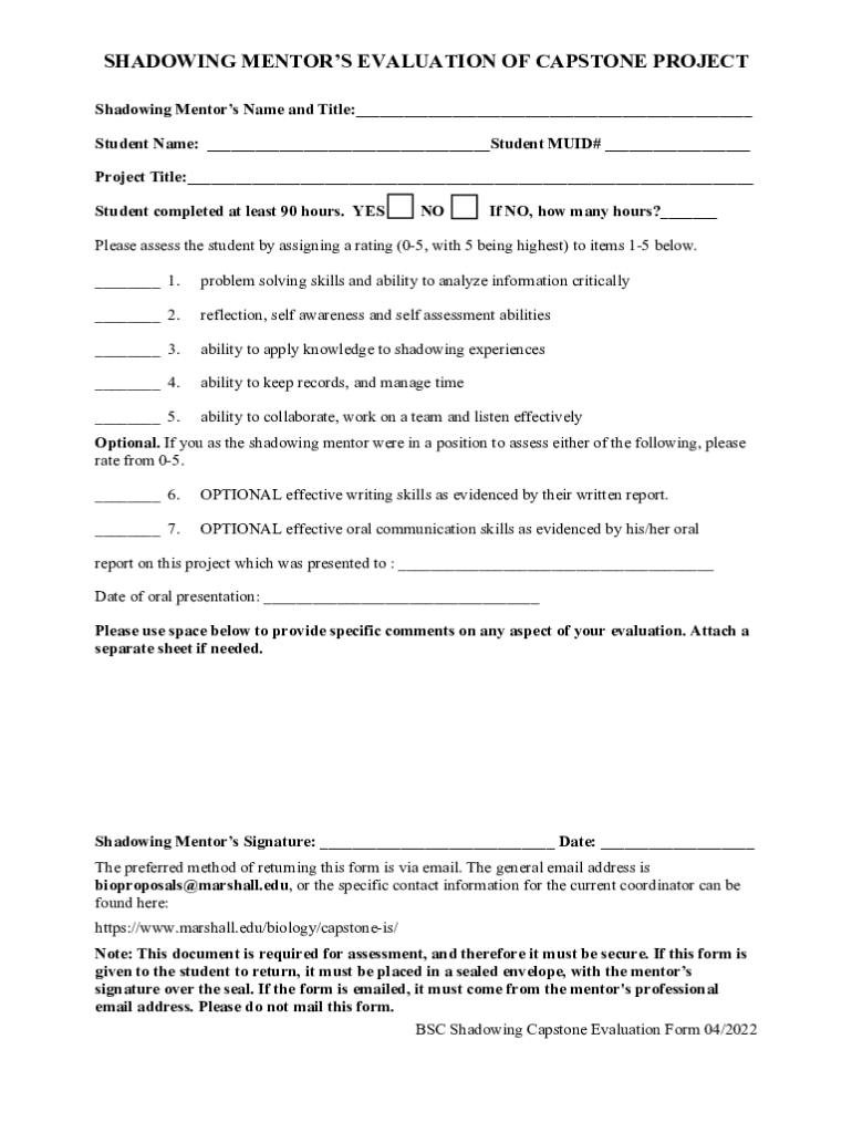 Fillable Online SHADOWING MENTOR'S EVALUATION OF CAPSTONE ... Fax Email ...