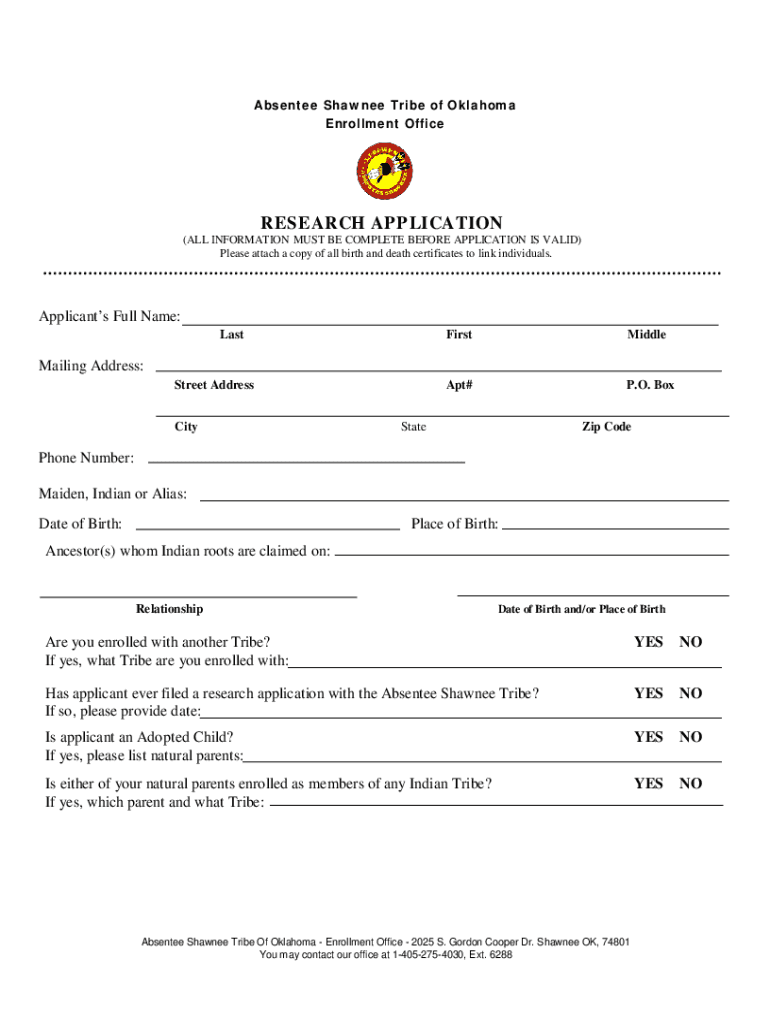 Fillable Online Absentee Shawnee Tribe of Indians of Oklahoma Tribal ...
