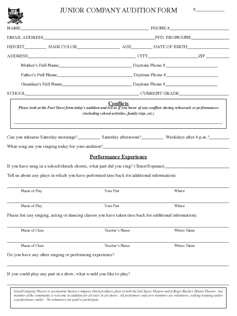 Fillable Online JUNIOR COMPANY AUDITION FORM Fax Email Print - pdfFiller