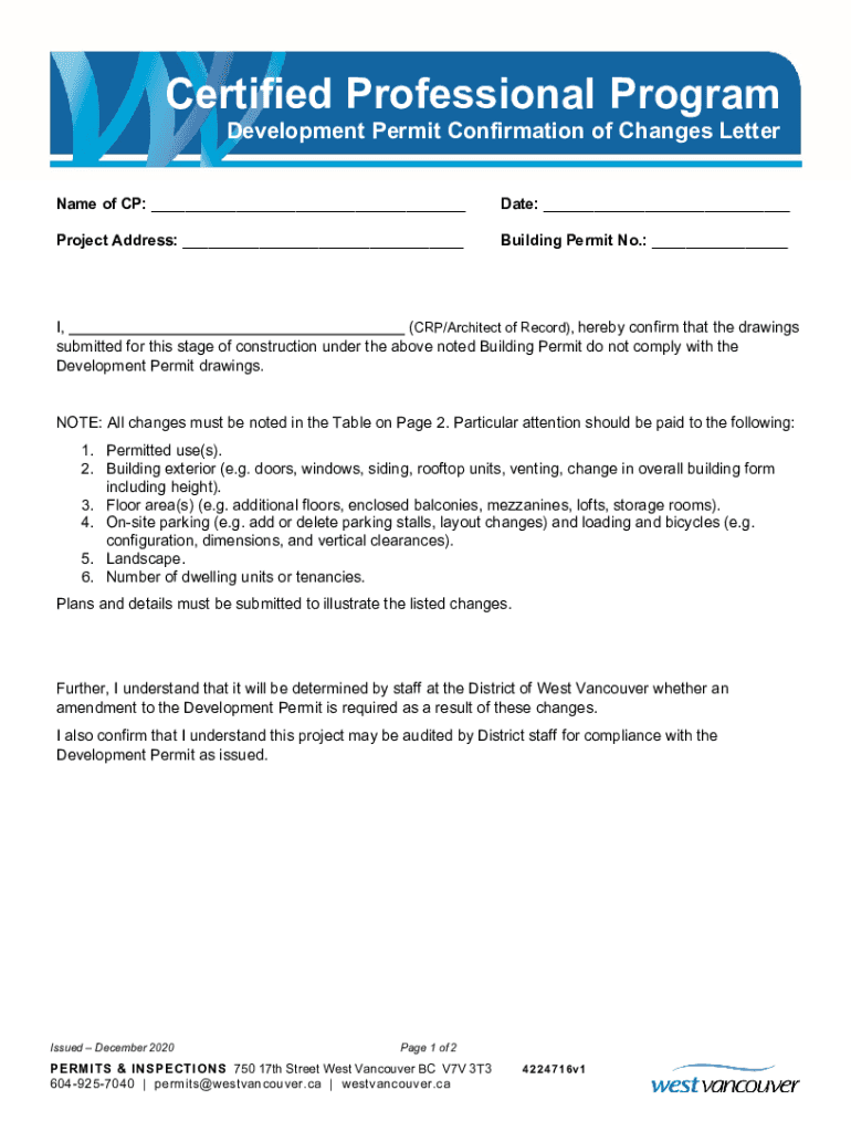 Fillable Online Development Permit Confirmation of Changes Letter Fax ...