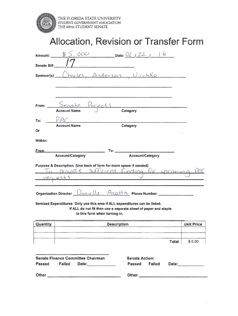 Fillable Online sga fsu Allocation, Revision or Transfer Form - FSU SGA ...