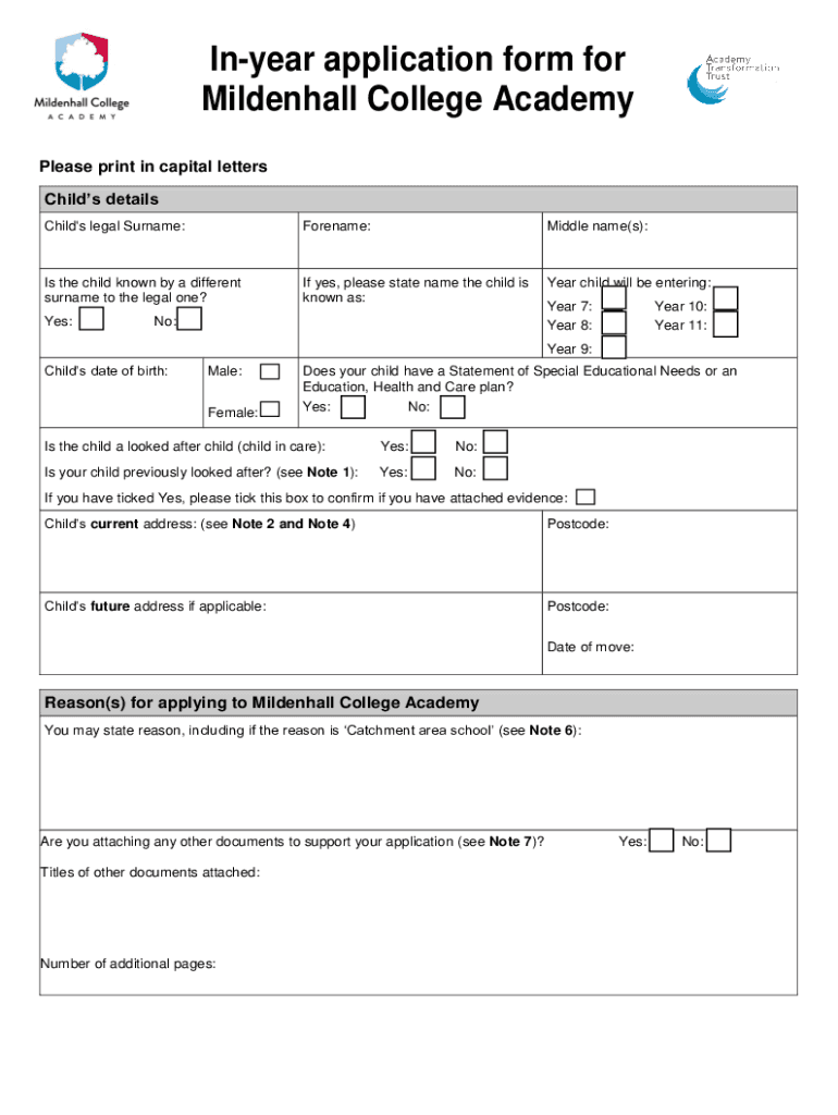 Fillable Online In-year application form for Mildenhall College Academy ...