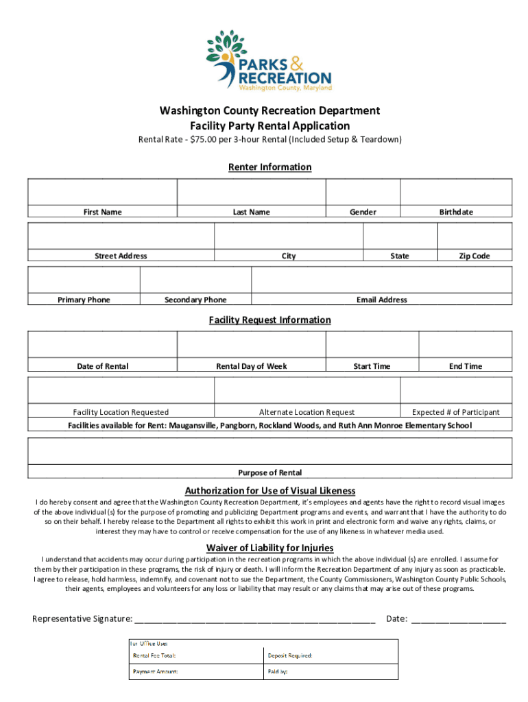 Fillable Online Washington County Recreation Department Facility Party ... Fax Email Print ...