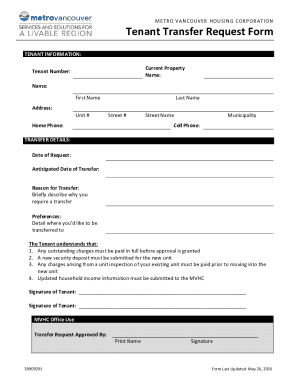 Fillable Online TENANT TRANSFER REQUEST FORM - Metro Vancouver ... Fax ...