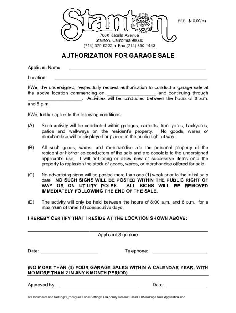 Fillable Online AUTHORIZATION FOR GARAGE SALE Fax Email Print - pdfFiller