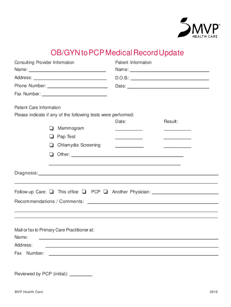 Fillable Online OBGYN to PCP Medica Record Update Form. OBGYN to PCP ...