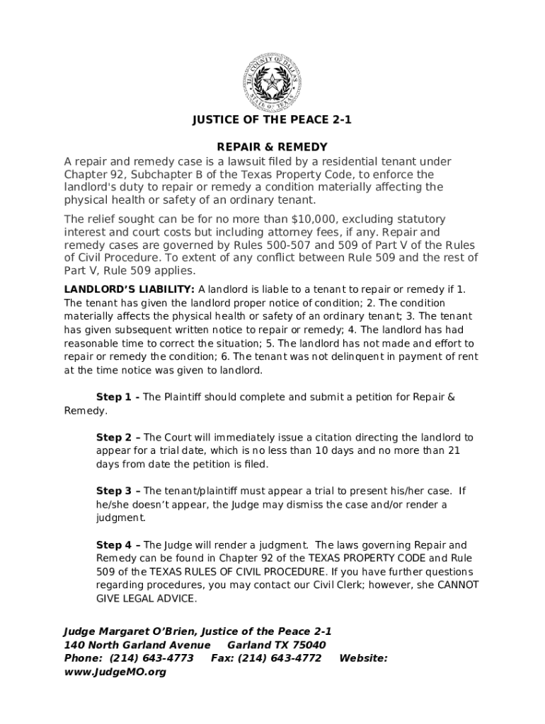 Suing for Repairs in Justice of the Peace Court Doc Template | pdfFiller