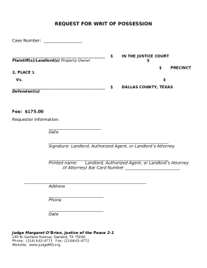 Request of Writ of Possession Doc Template | pdfFiller