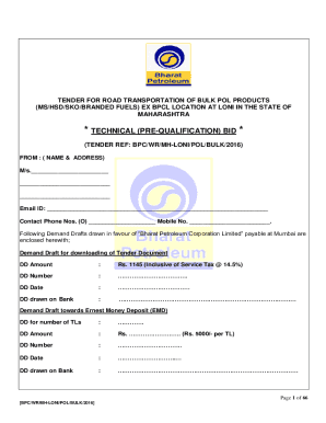 Fillable Online tender for road transportation of bulk pol products Fax ...