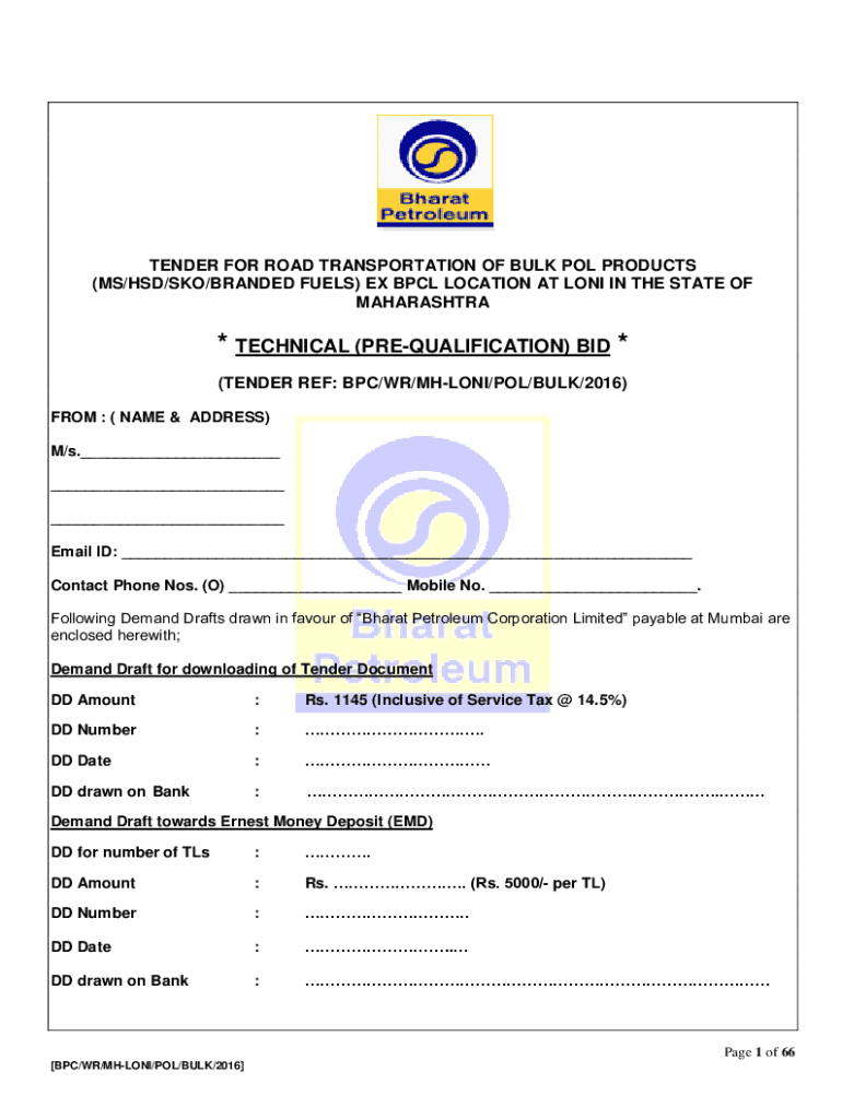 Fillable Online tender for road transportation of bulk pol products Fax ...