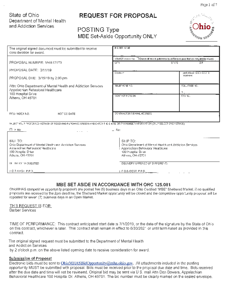Fillable Online procure ohio PROPOSAL NUMBER : MHA 17173 Fax Email Print - pdfFiller