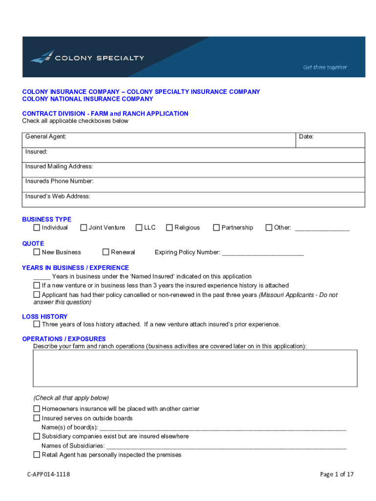Fillable Online colony specialty insurance farm and ranch application ...