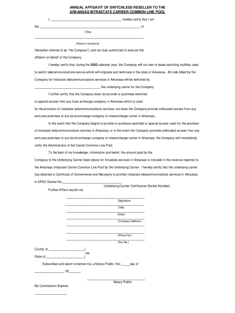 Fillable Online annual affidavit of certified, nonoperational carrier ...