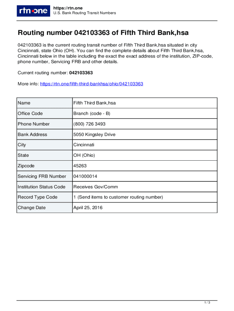 Fillable Online 042103363Routing Number of Fifth Third Bank,hsa in ...