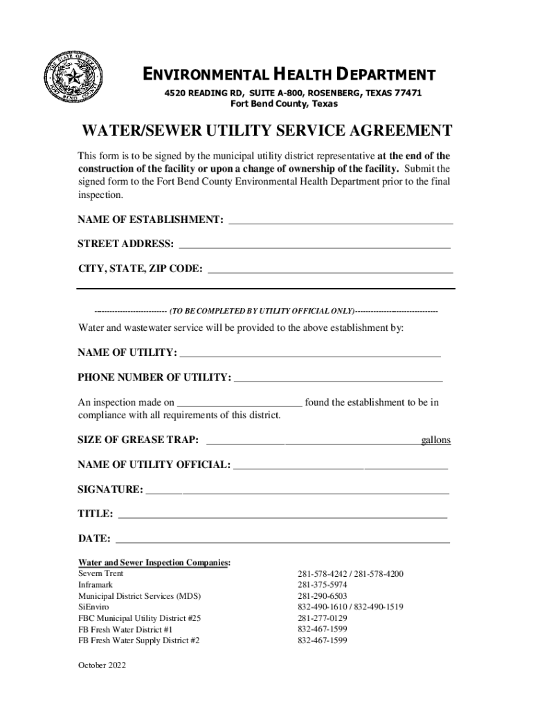 Fillable Online WATER UTILITY SERVICE AGREEMENT - Fort Bend County Fax ...