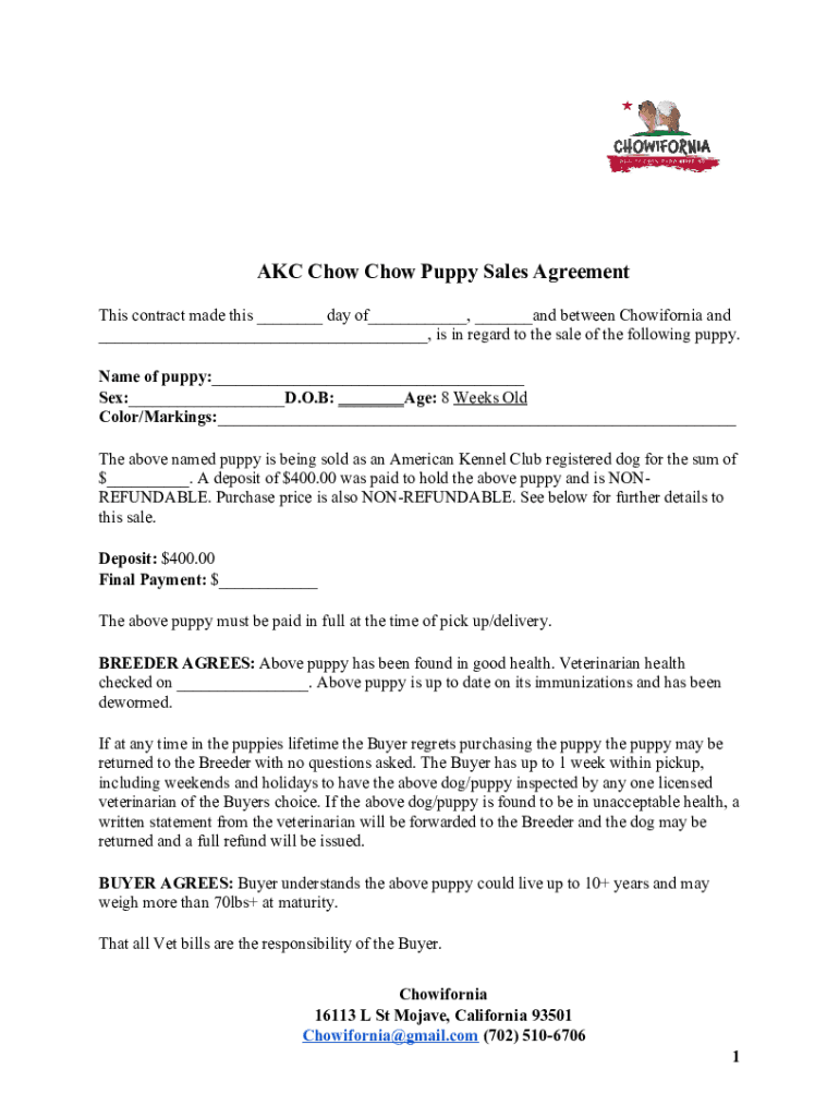 Fillable Online AKC Chow Chow Puppy Sales Agreement Chowifornia Fax ...