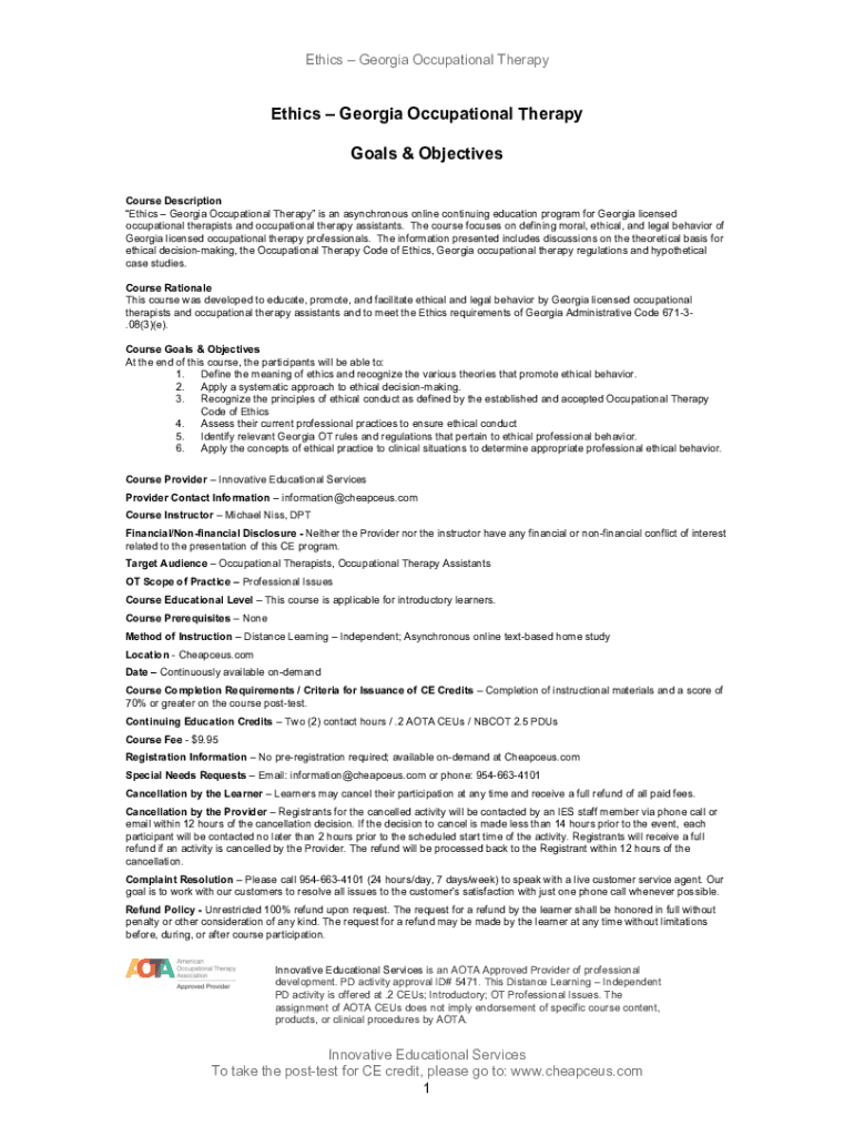 Fillable Online Georgia State Board of Occupational Therapy OT Course ...