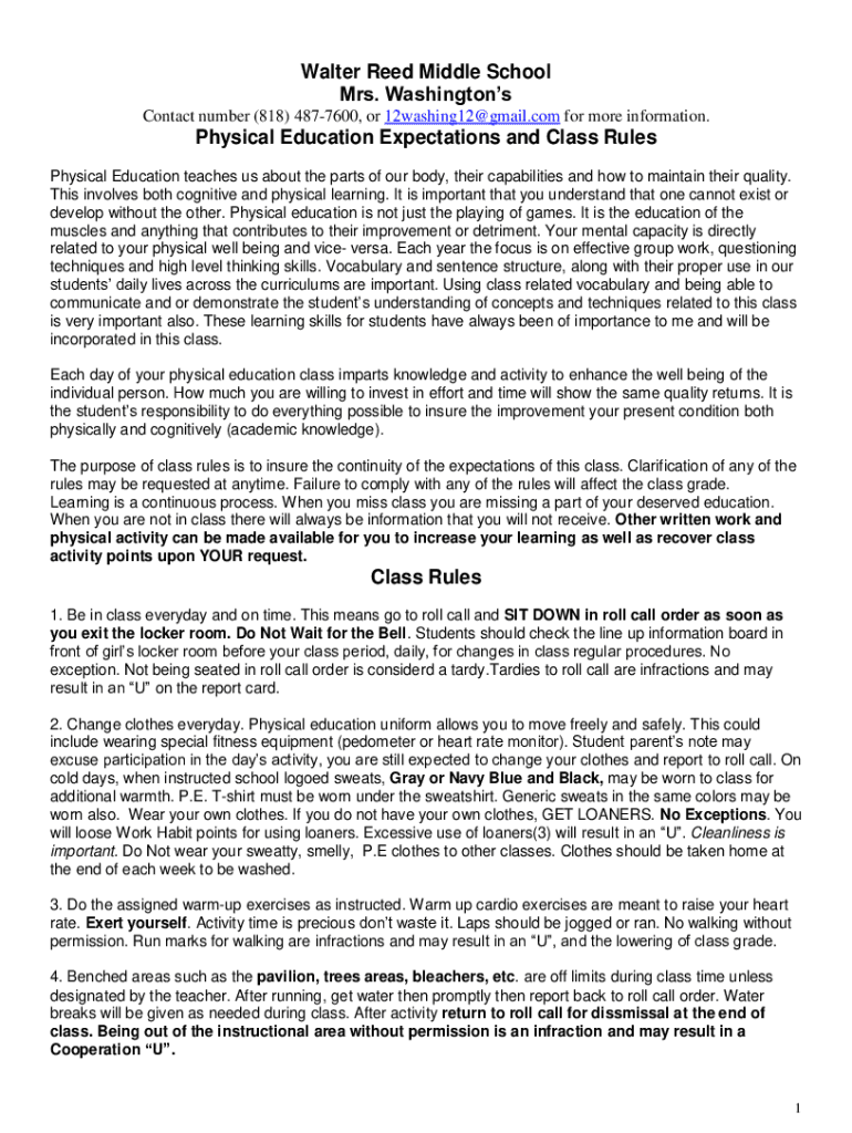 Fillable Online Physical Education Expectations and Class Rules Fax ...